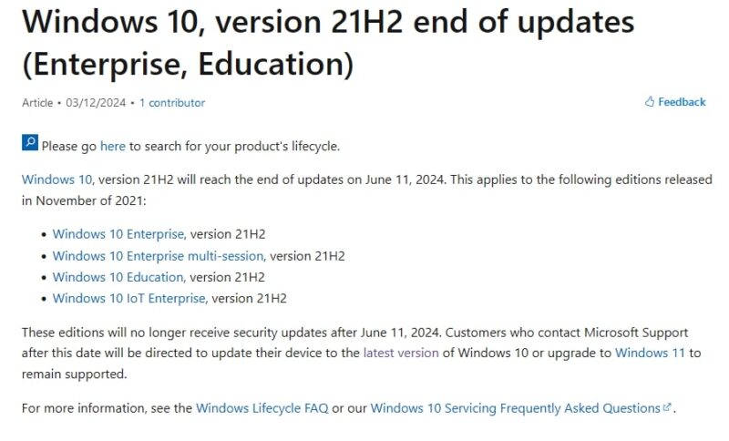 Windows 10 21H2のEnterprise/Educationエディションが6月11日にサービス終了！早めに22H2へアップグレード ...